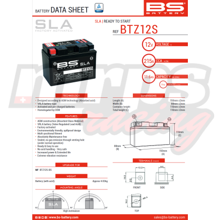 Batterie BS Battery BTZ12S SLA (BTZ12S-BS) | MRPS Racing, Genève Suisse